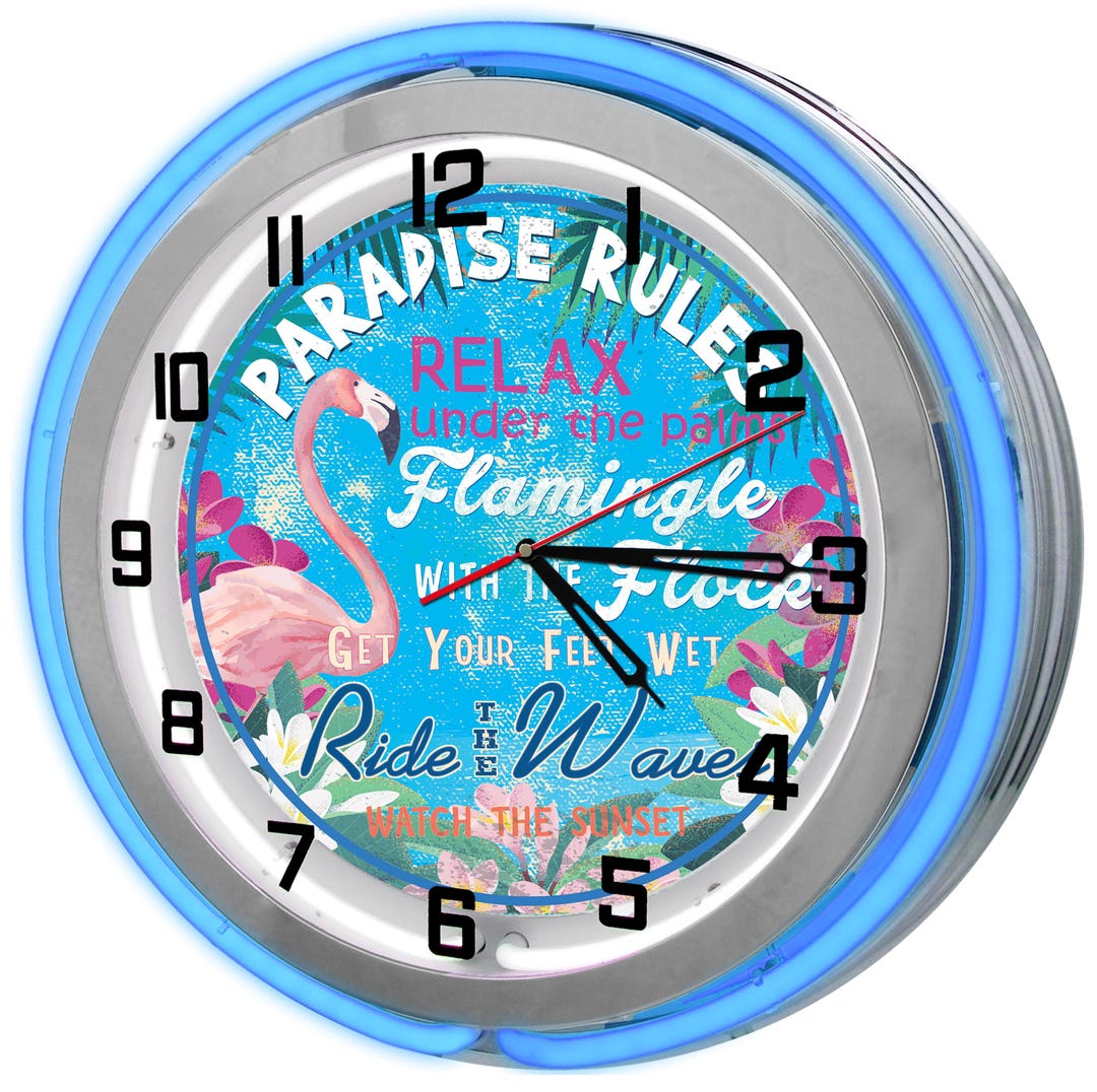 Flamingo Rules Paradise 19"neon Sign Clock, Flamingo Neon Signs ...