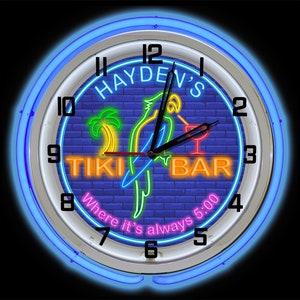 Parrot Tiki Bar 19 Neon Sign Clock, Always 5 O'clock Neon Clock, Tiki ...