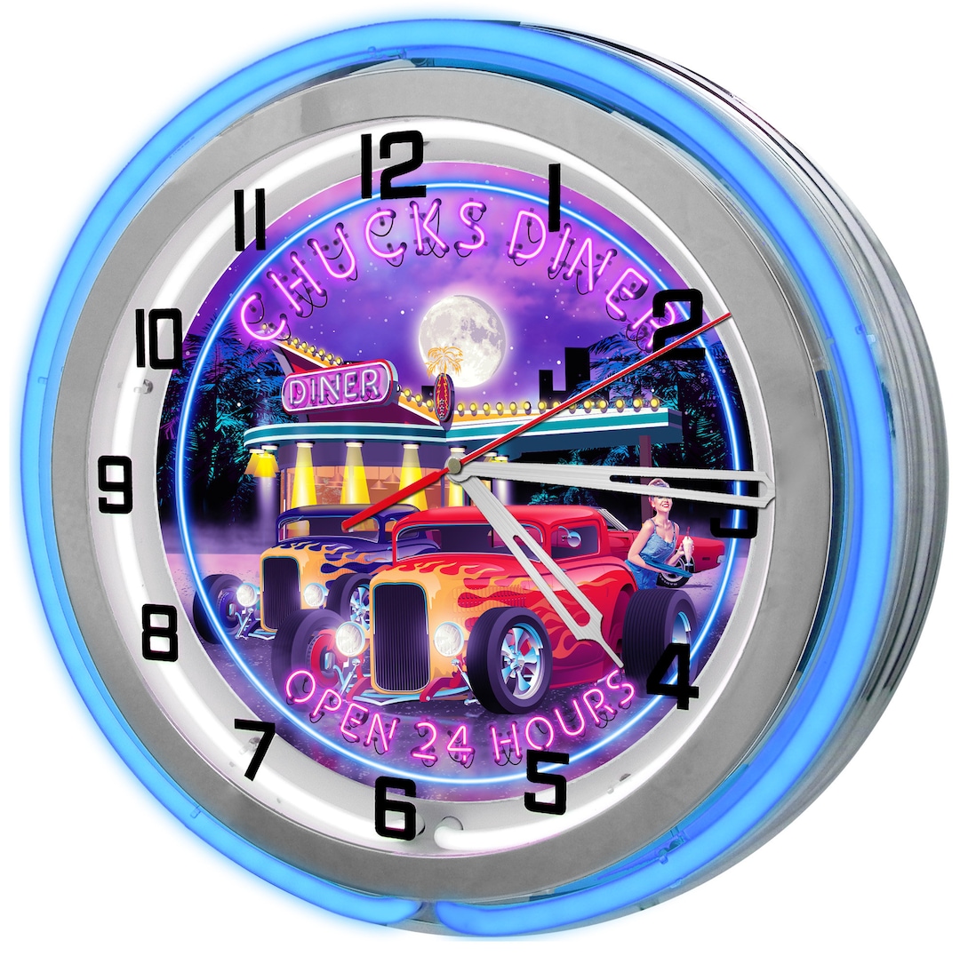 Vintage Diner Neon Clock: Hot Rod Design, Customized 19" Wall Decor - Etsy