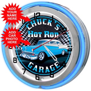 Vintage Hot Rod Neon Garage 19" Clock, Personalized Automotive Garage ...