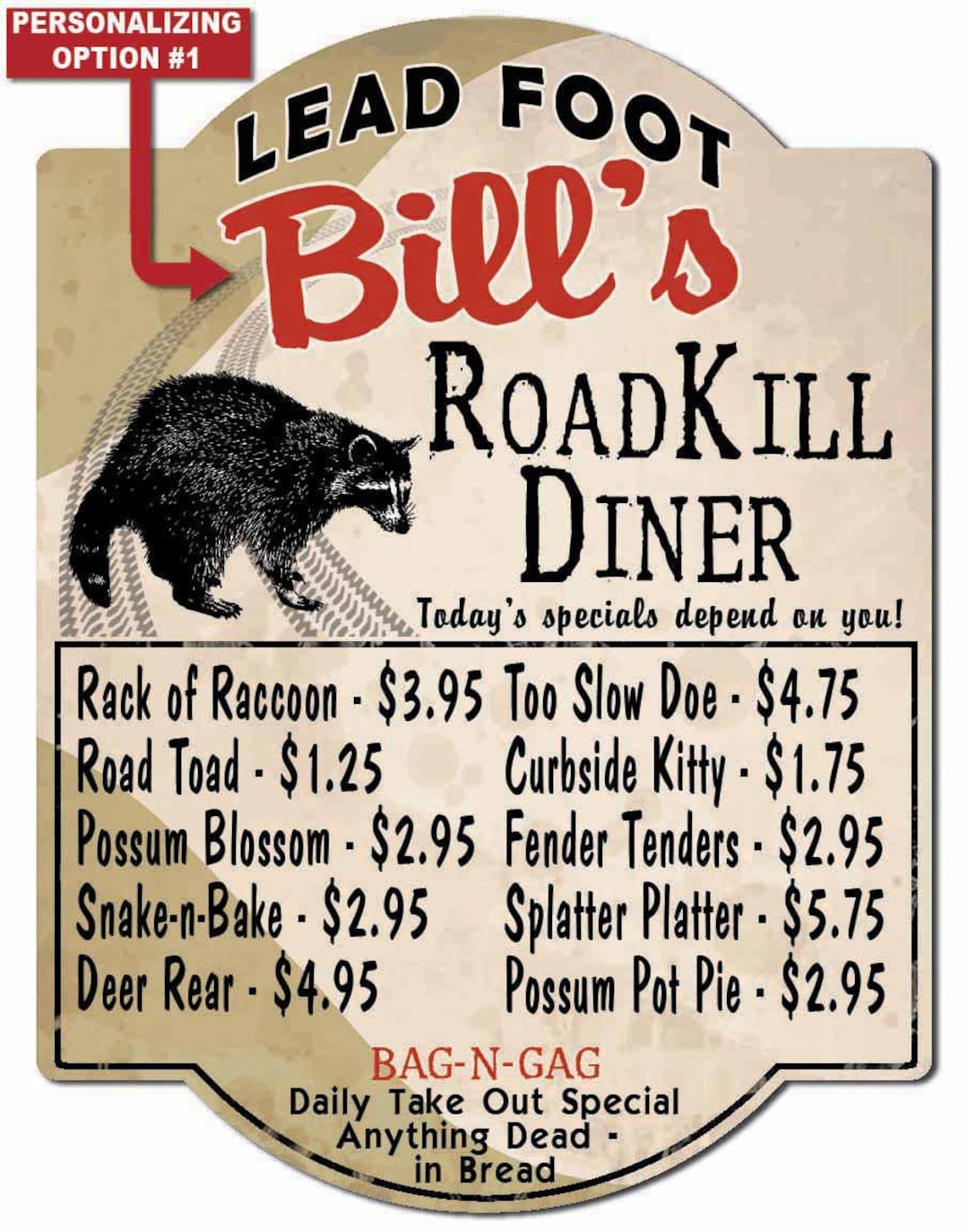 Restaurant Kitchen Novelty Sign Personnalisé, Roadkill Café Sign ...