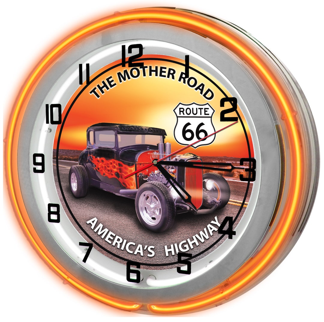 Route 66 Hot Rod Garage 19" Neon Clock Sign, America's Road Route 66 ...