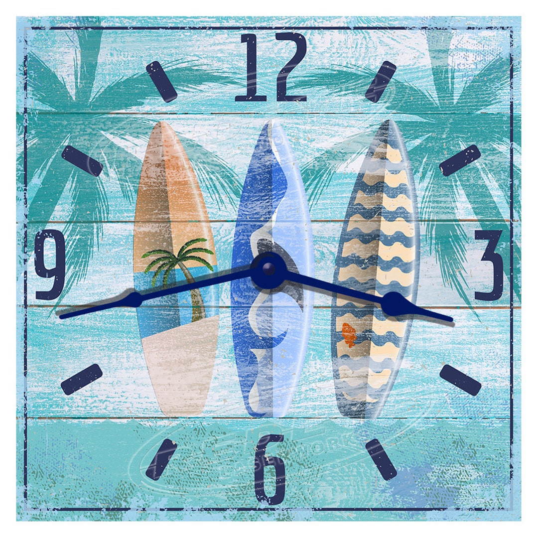 Surfboard Clock, Tropical Beach Surfing Clock, Beach Clock, Palm Tree ...