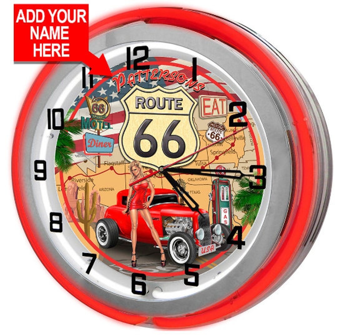 Route 66 Customized 19 Neon Garage Clock, Hot Rod Neon Clocks, Route 66 ...