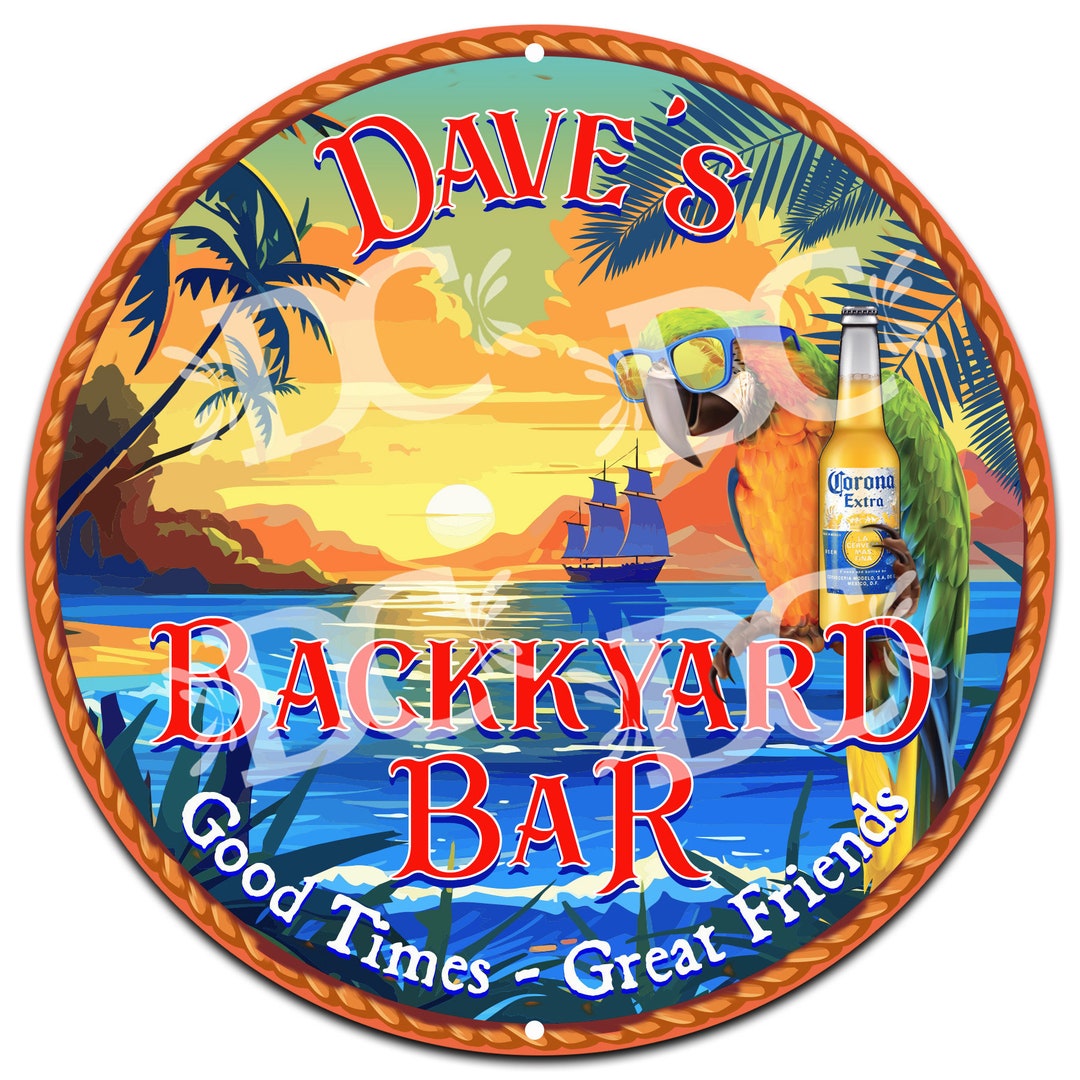 Backyard Patio Tropical Sunset Metal Sign, Tiki Bar Patio Signs, Custom ...