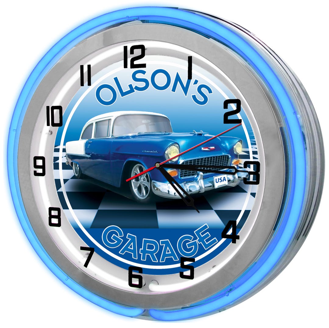 Customized Neon Sign Garage 19" Clock, Personalized Automotive Garage ...