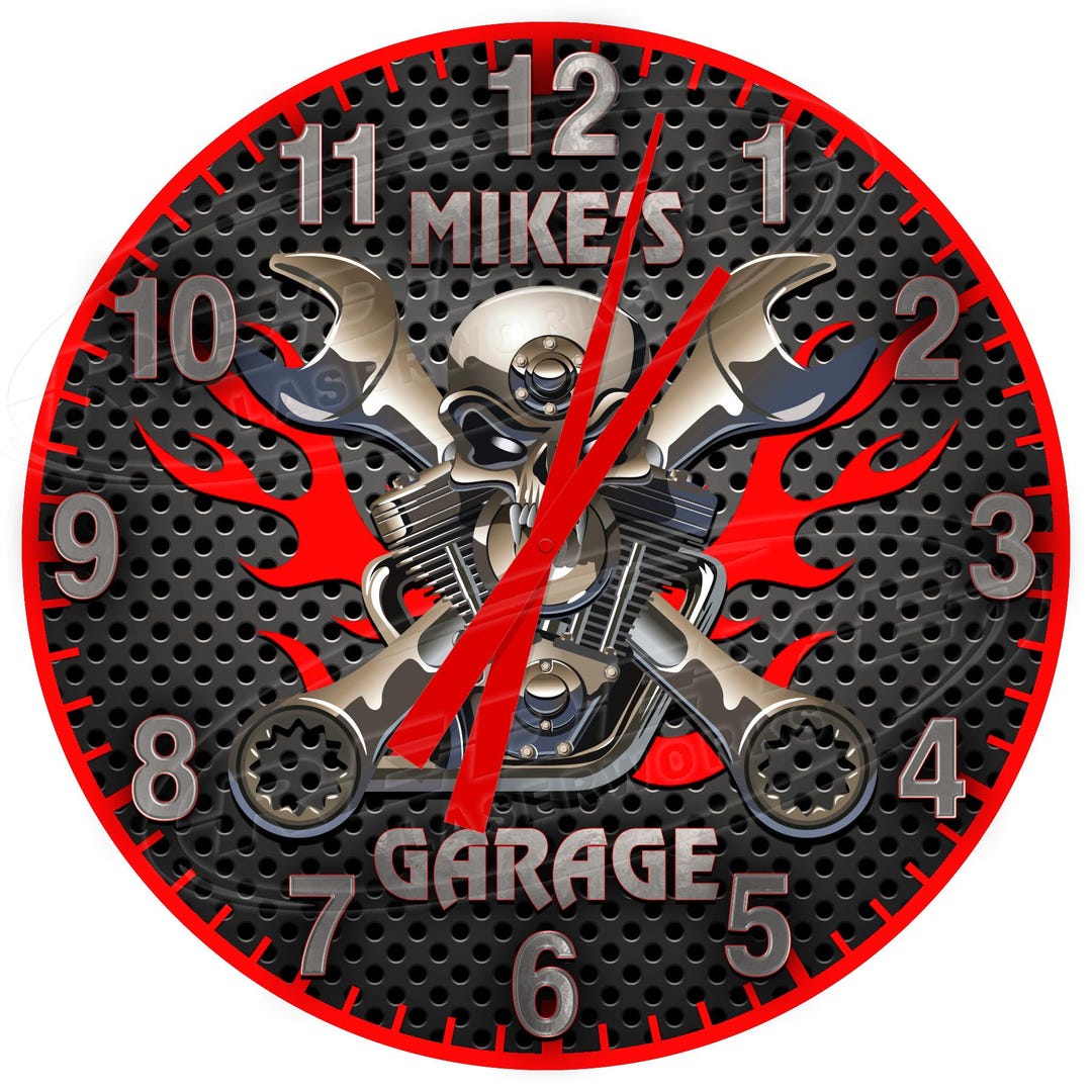 Mechanic Garage Clock, Full Service Garage Clock, Skull Motor Clock ...