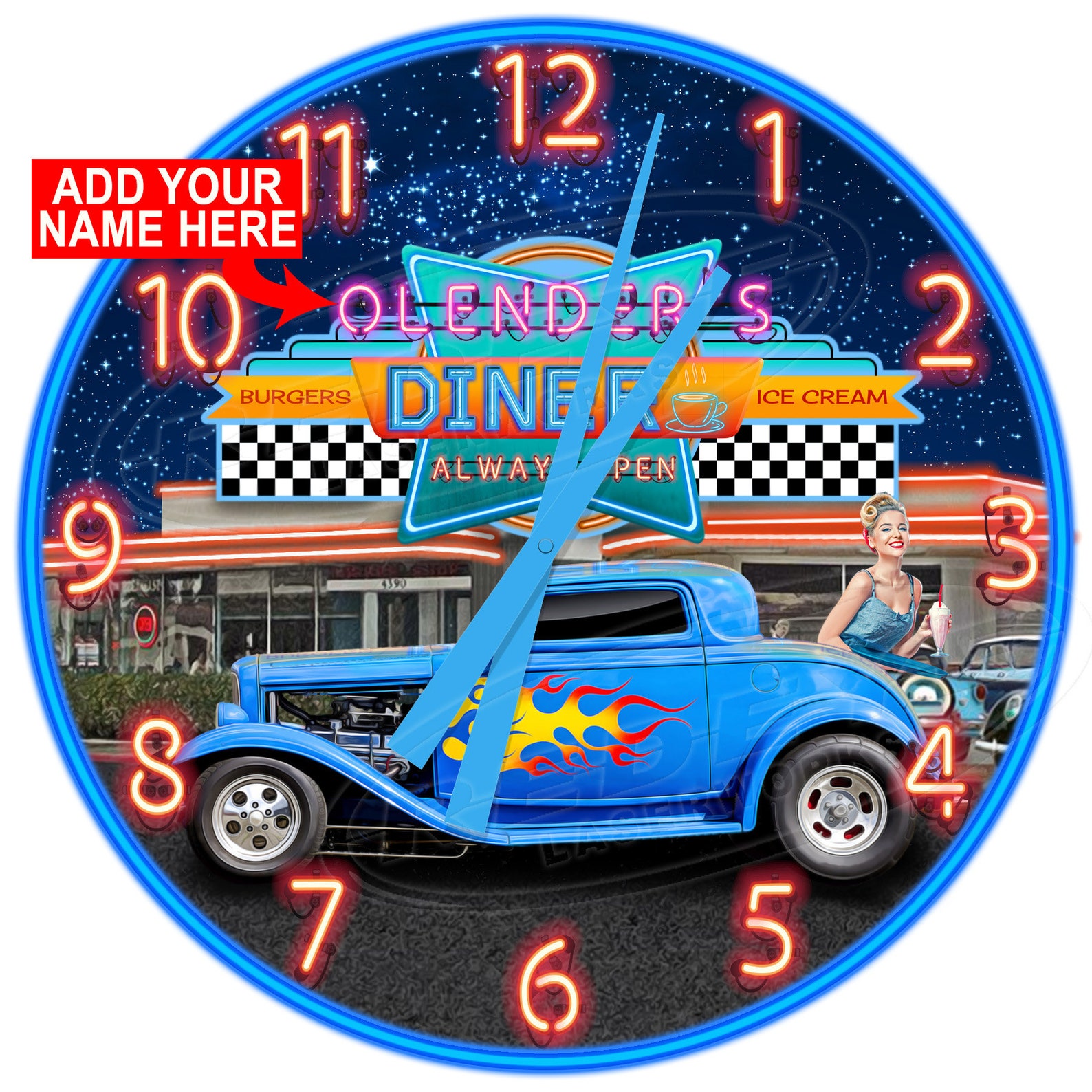 Retro Diner Customized Neon Themed Clock Vintage Drive in - Etsy