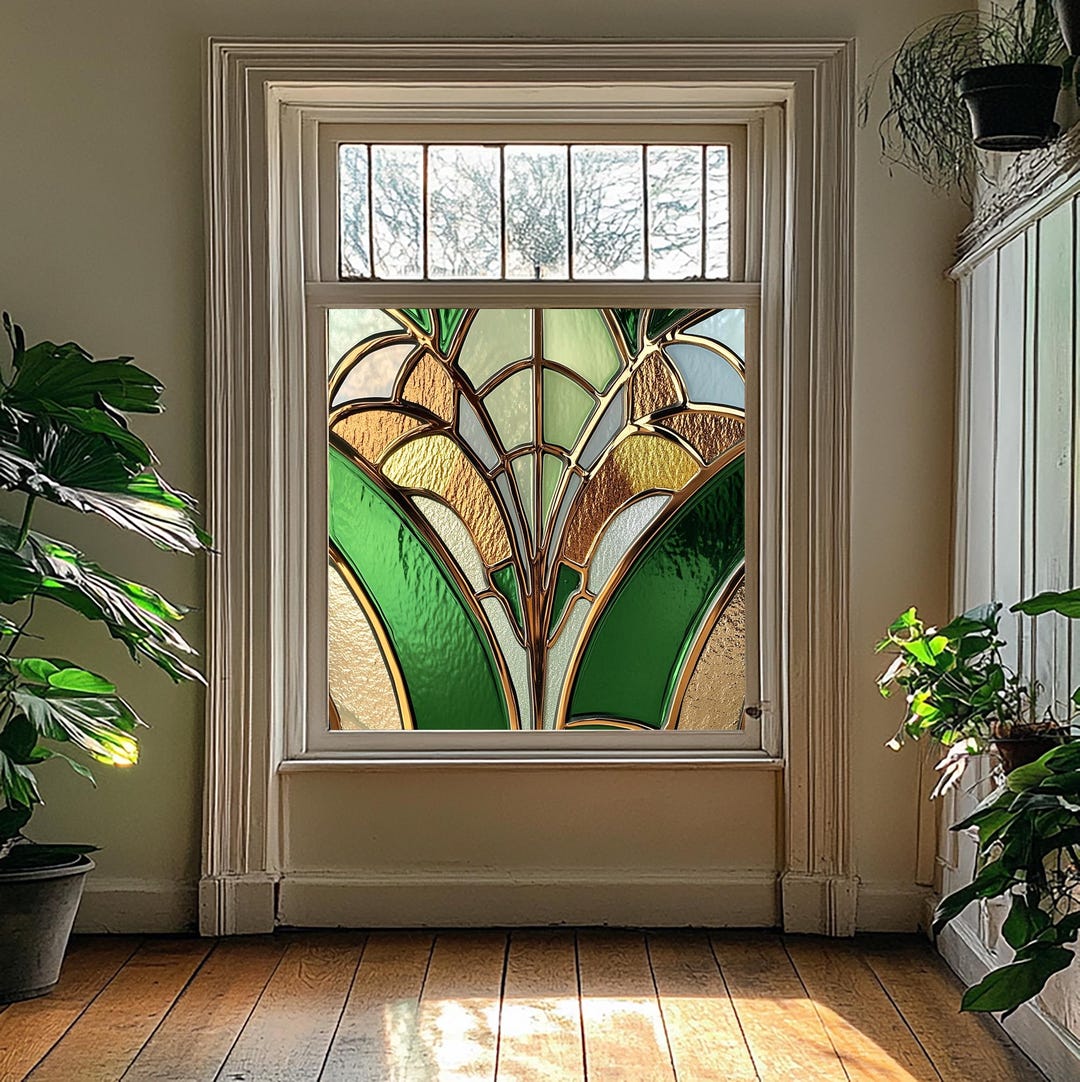 Art Deco Style Green and Gold Window Film Stained Glass Privacy Cling ...