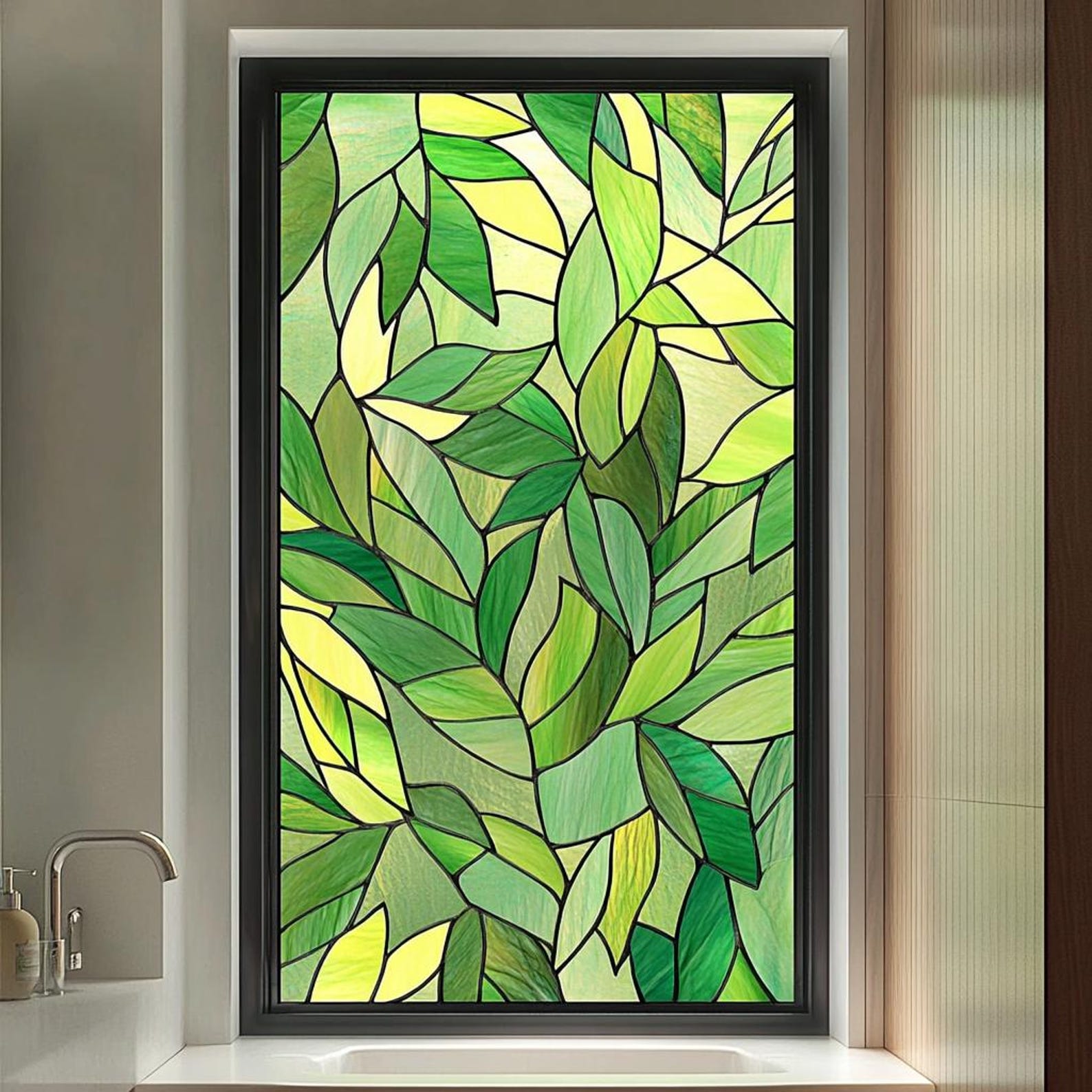 Nature Leaf Pattern Stained Glass Window Privacy Film Static Cling No ...