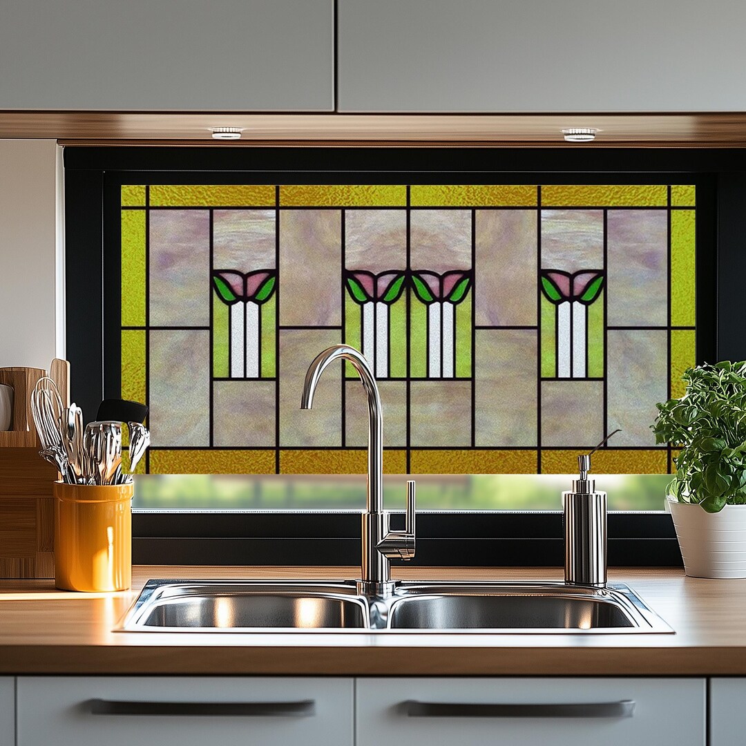 Horizontal Stained Glass Window Film – Delicate Floral Pattern With ...