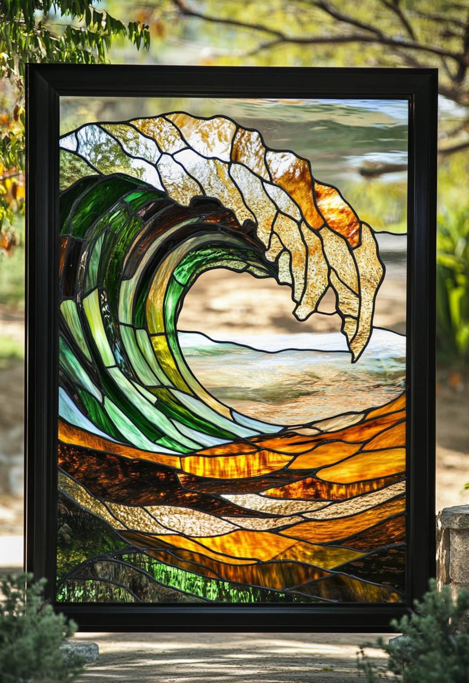 Custom Earth Tone Ocean Wave Stained Glass Window Film Privacy ...