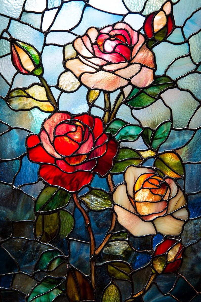 Custom Rose Stained Glass Window Film | Privacy Decorative Floral ...