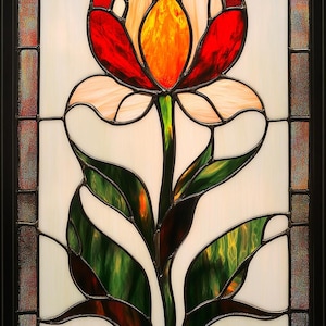 Custom Tulip Stained Glass Window Film Red and White Floral Design ...
