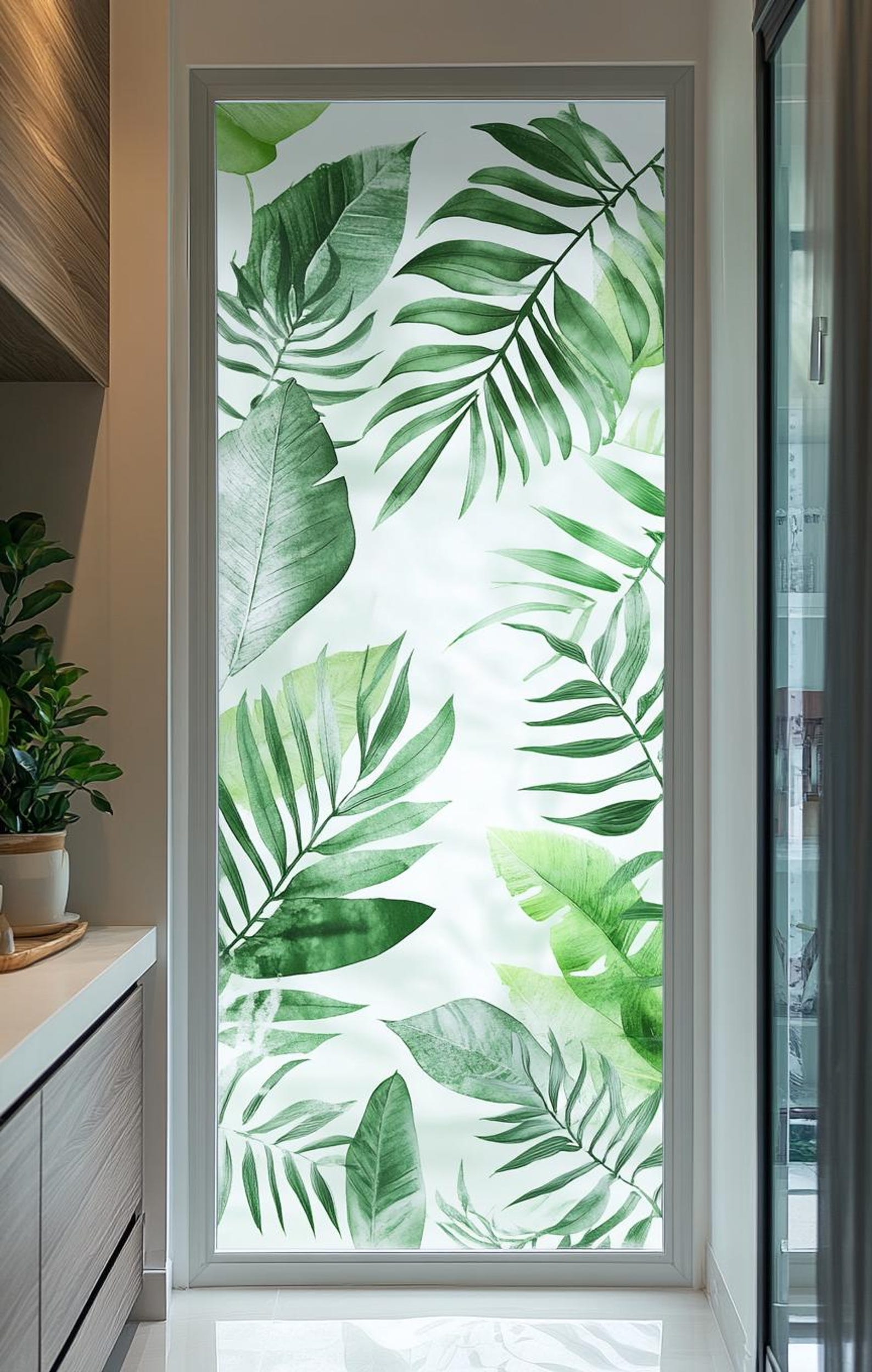Modern Nature Leaf Design Window Cling Privacy Film Frosted Finish for ...