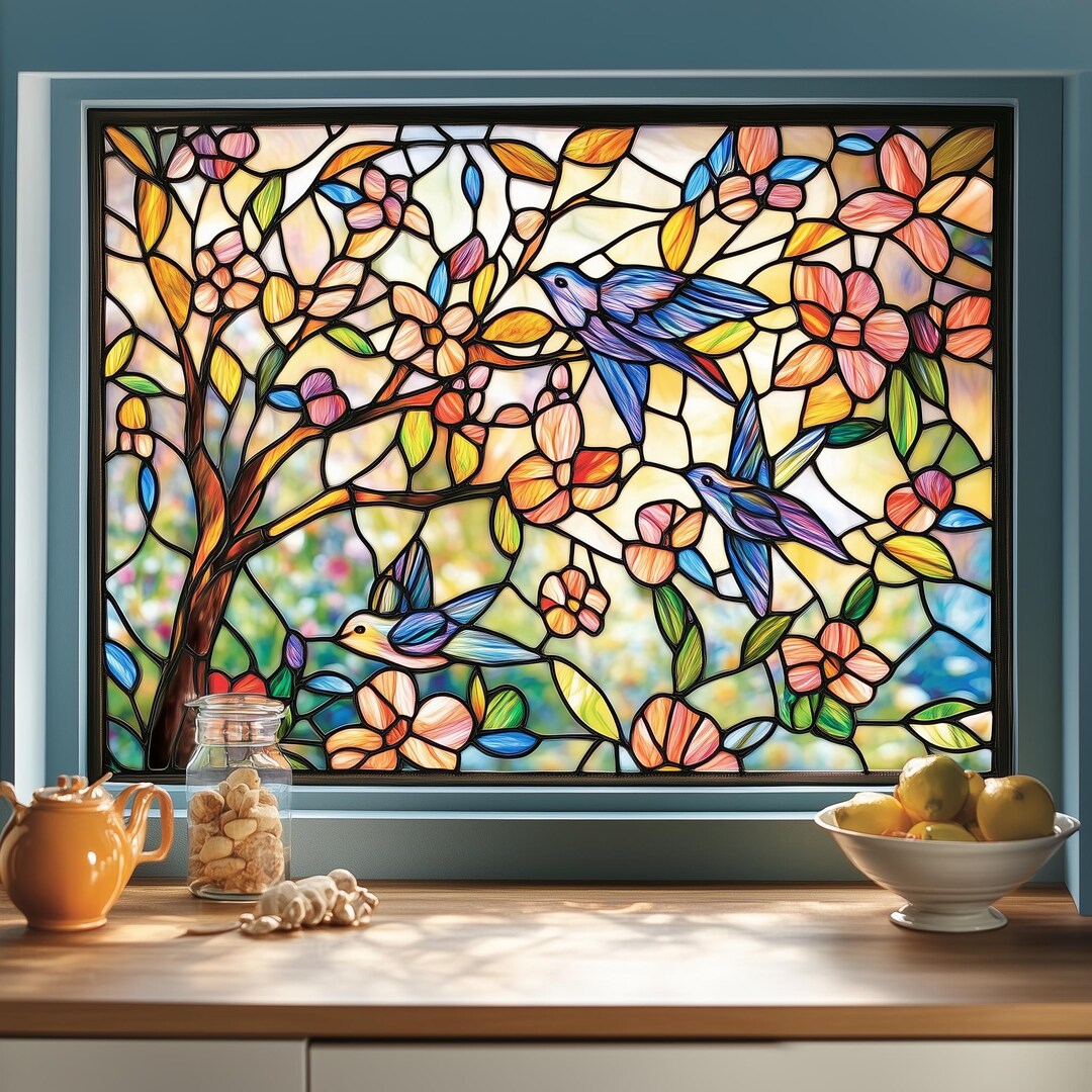 Custom Window Film - Vibrant Colorful Flowers, Birds Pattern, Non ...