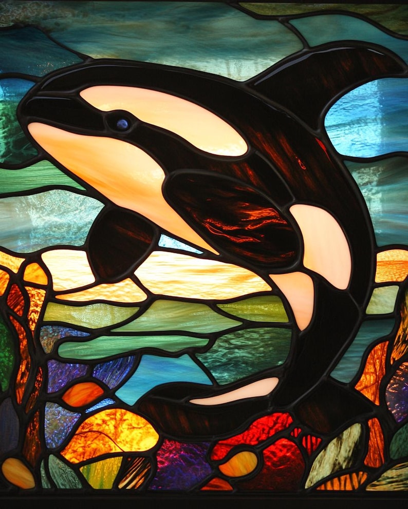 Custom Orca Whale Stained Glass Window Film Ocean Theme Privacy ...