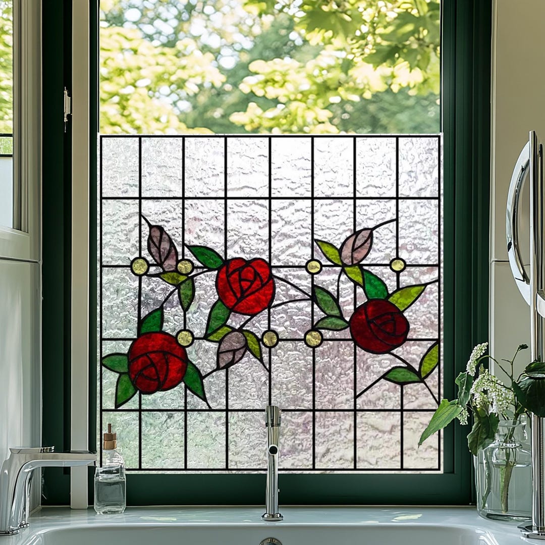 Custom Rose Stained Glass Window Film - Floral Frosted Privacy Decor ...