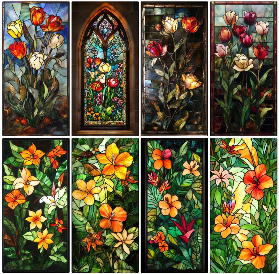 Custom Floral Stained Glass Window Film | Tulip and Hibiscus Privacy ...