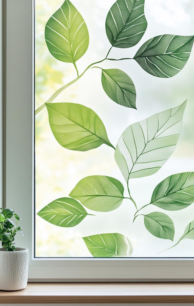 Modern Nature Leaf Design Window Cling Privacy Film Frosted Finish for ...