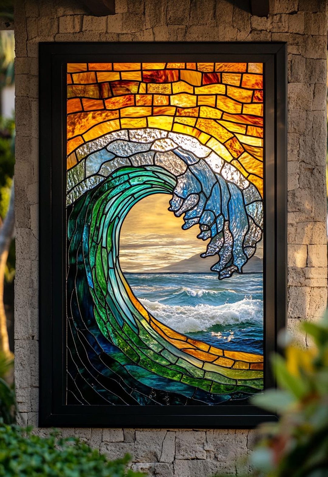 Custom Earth Tone Ocean Wave Stained Glass Window Film Privacy ...
