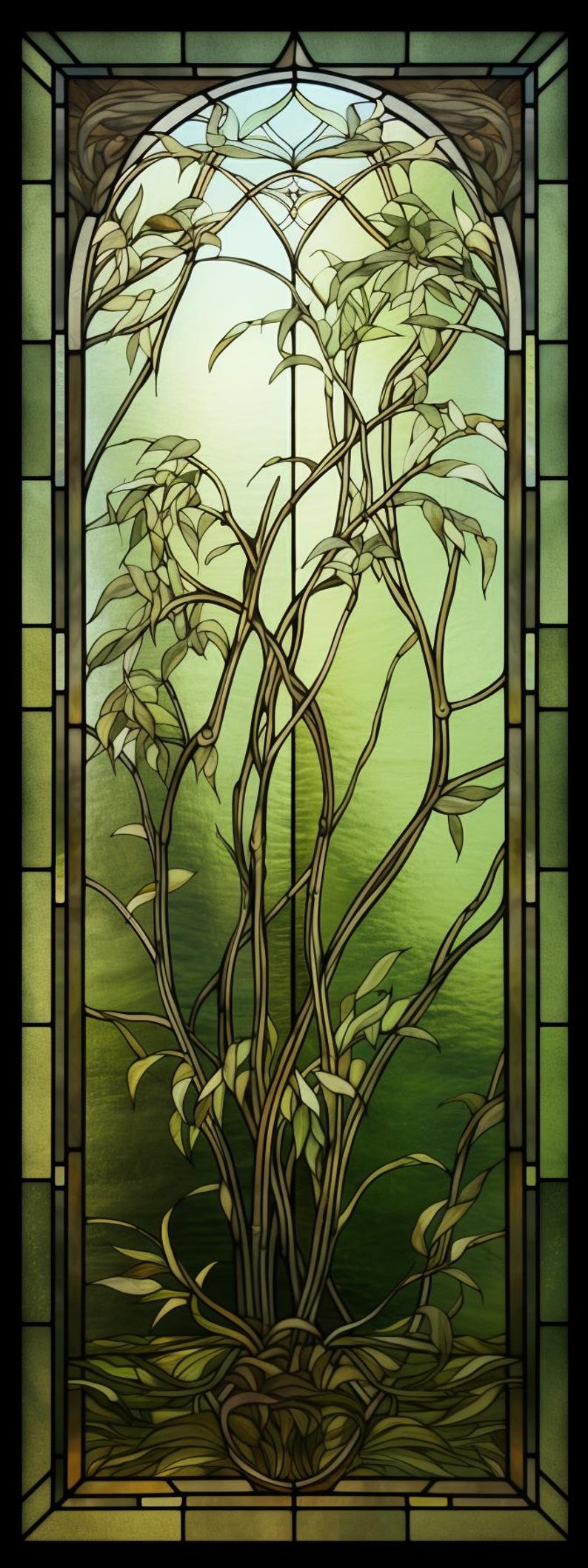 Custom Stained Glass Window Film - Nature-inspired Tree and Vine Design ...