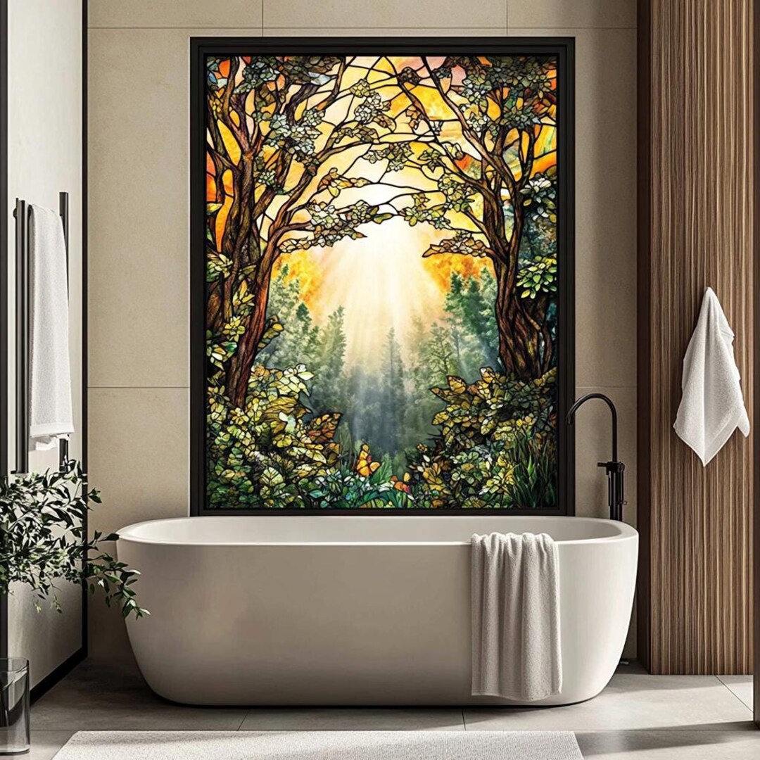 Sunlit Forest Stained Glass Window Film – Nature-inspired Privacy Decal ...