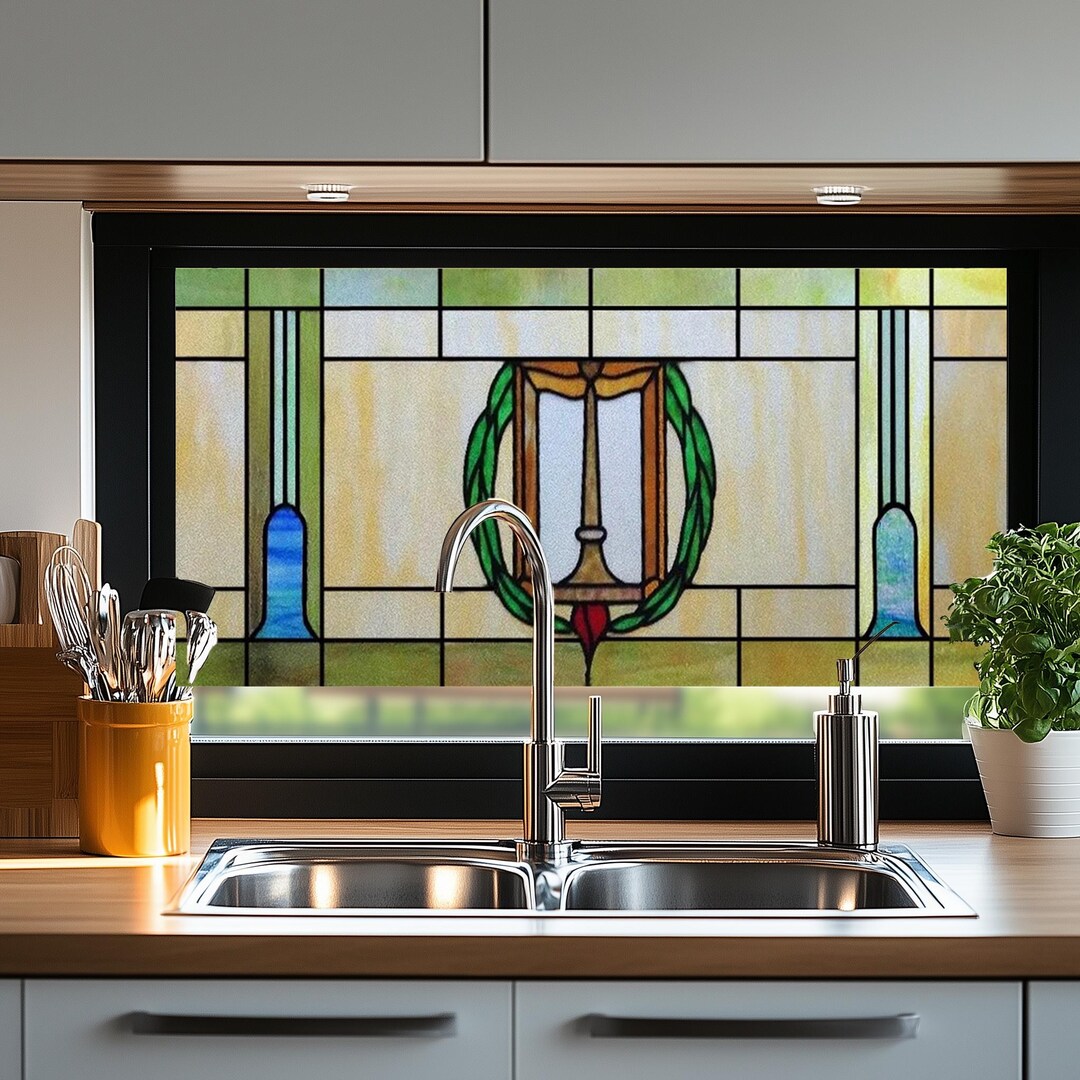 Horizontal Stained Glass Window Film – Vintage Laurel and Candle Design ...