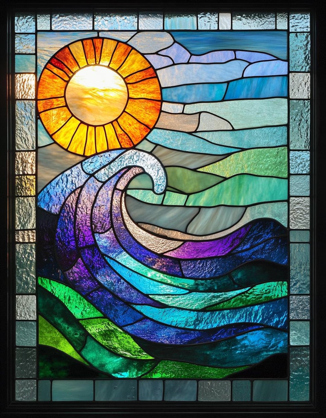 Custom Sun and Wave Stained Glass Window Film Ocean Theme Privacy ...