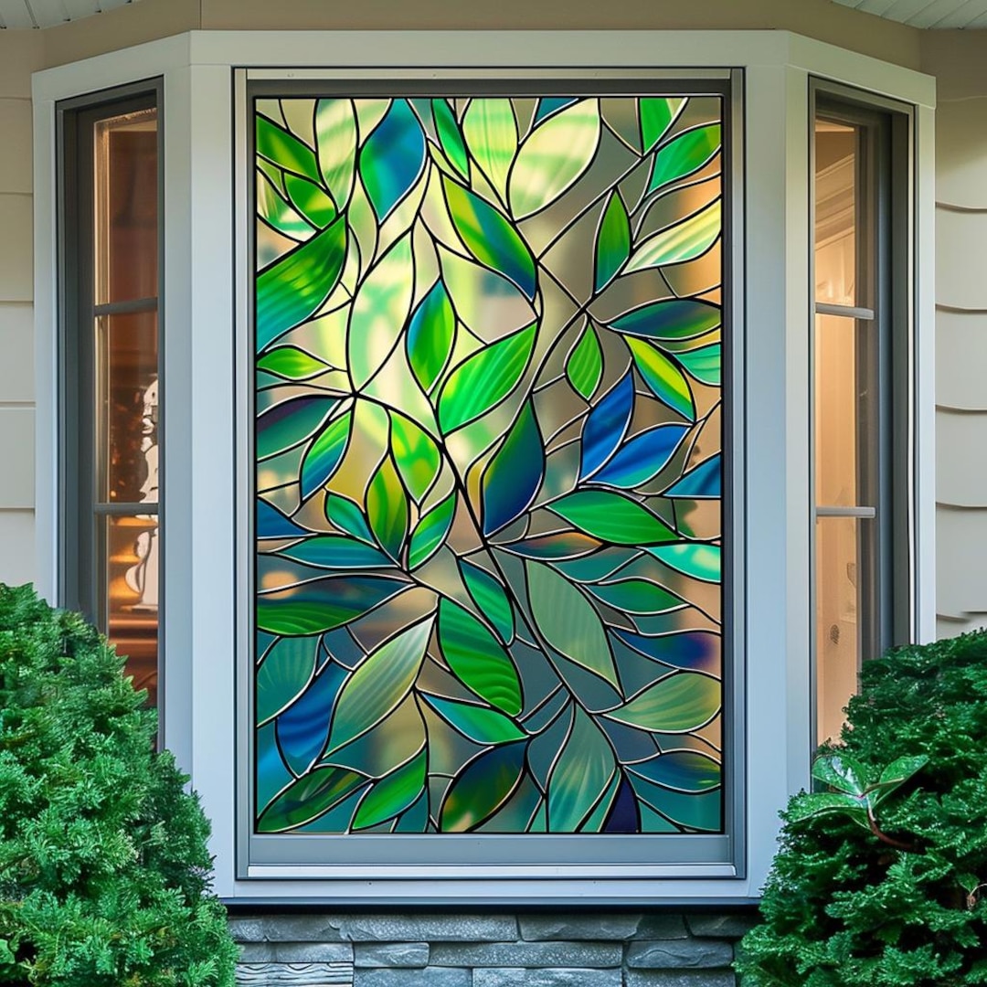 Custom Leaf Stained Glass Window Film – Green Botanical Privacy Cling ...