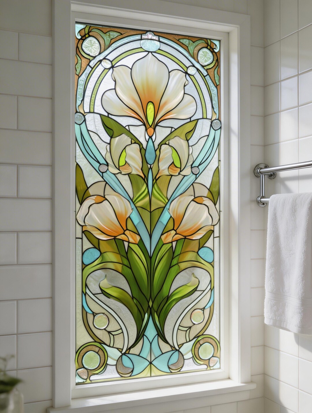 Custom Size Stained Glass Window Film Art Nouveau Lily Privacy Film for ...
