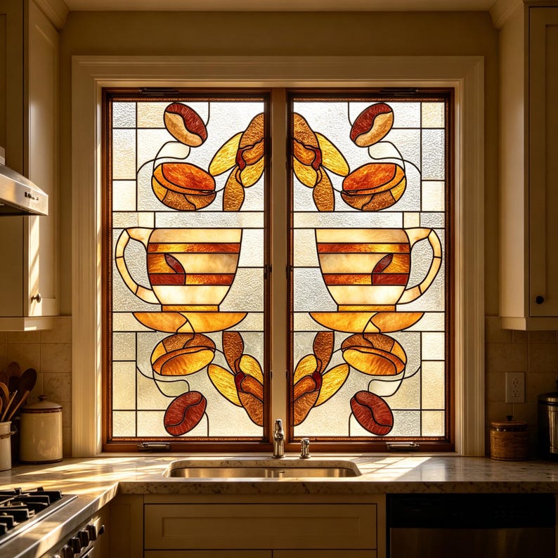 Retro Coffee Cup Window Film Stained Glass Privacy Frosted Non Adhesive ...