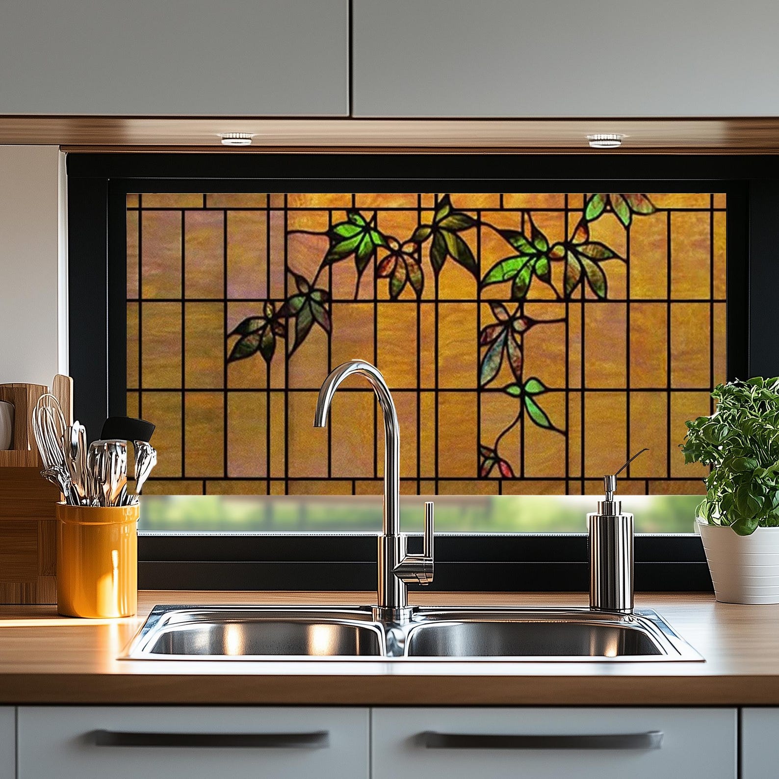 Custom Stained Glass Privacy Film – Horizontal Vine and Amber Design ...