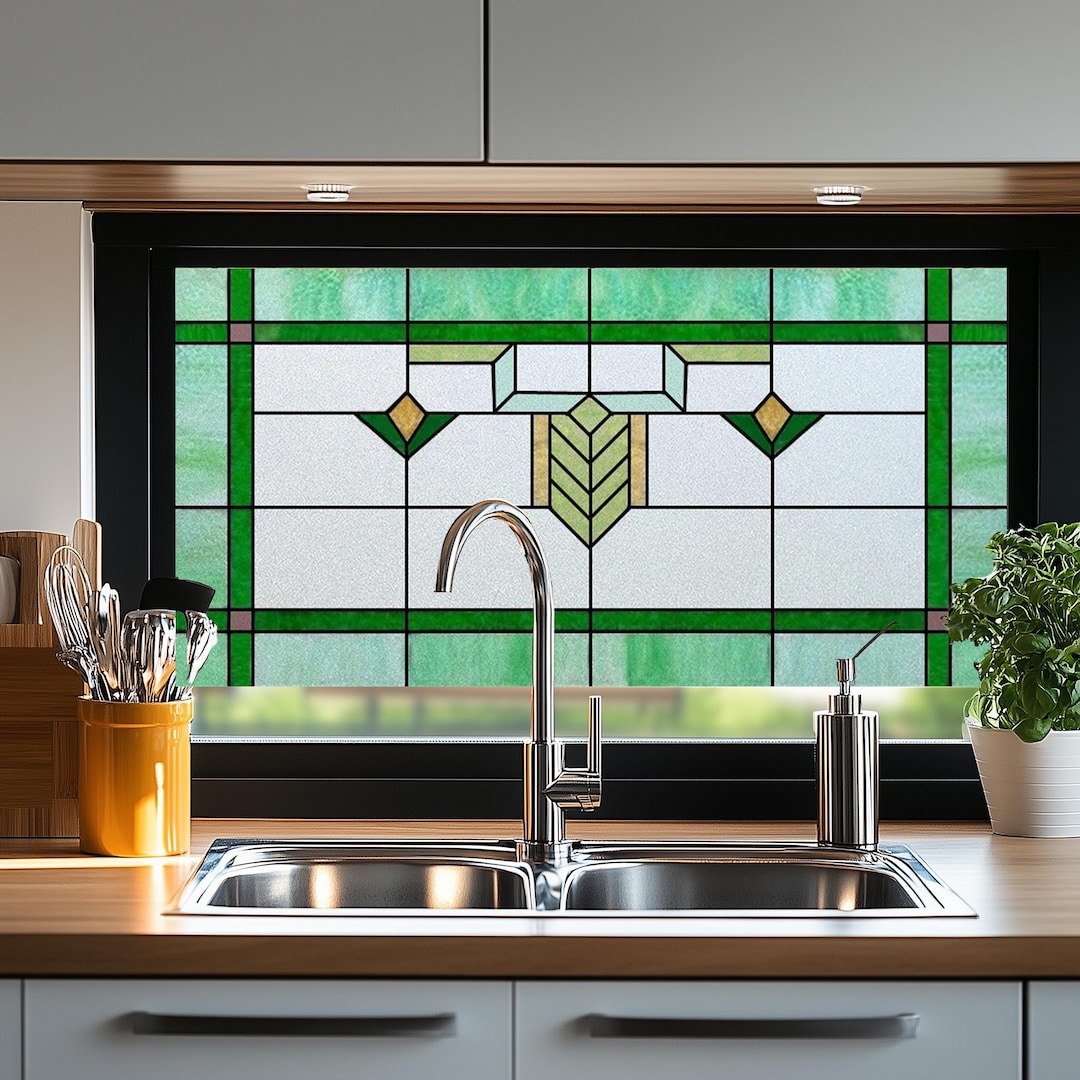 Horizontal Stained Glass Window Film – Green Leaf Geometric Design for ...