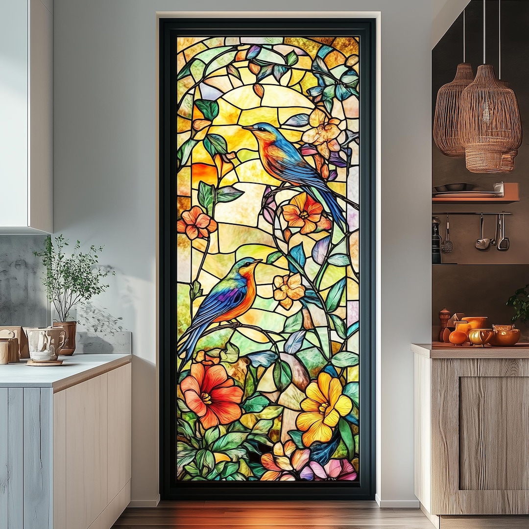 Colorful Flower & Bird Window Film - Custom Size, Non-adhesive, Static ...