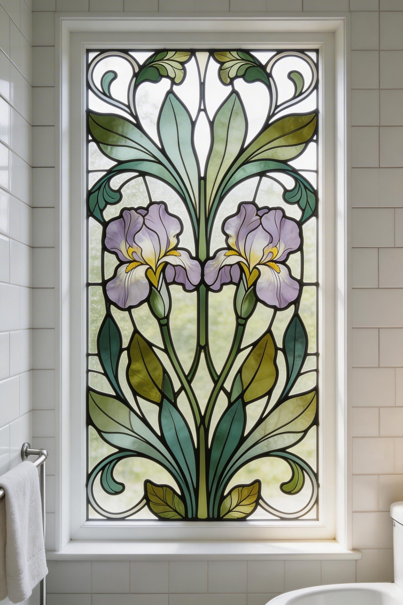 Custom Size Stained Glass Window Film, Art Nouveau Bathroom Static ...