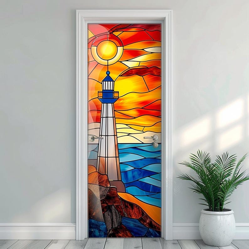 Custom Lighthouse Stained Glass Window Film – Ocean Sunset Privacy ...