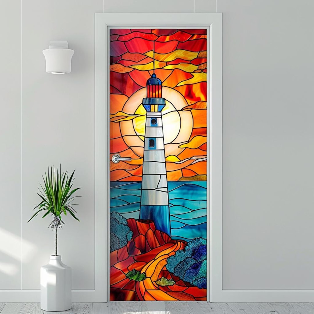 Custom Lighthouse Stained Glass Window Film – Ocean Sunset Privacy ...