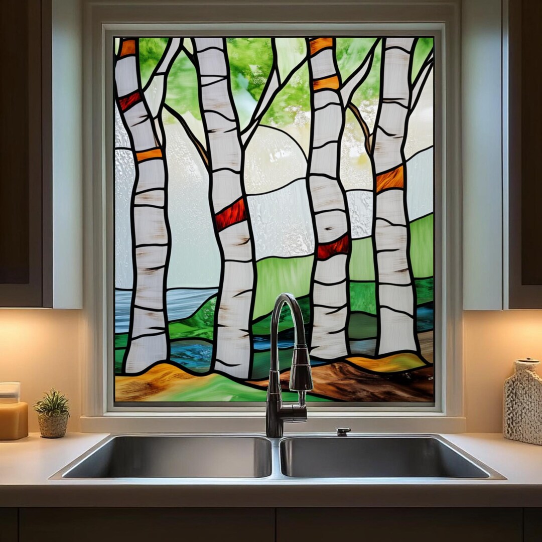 Birch Forest Stained Glass Window Film Nature Landscape Frosted Privacy ...
