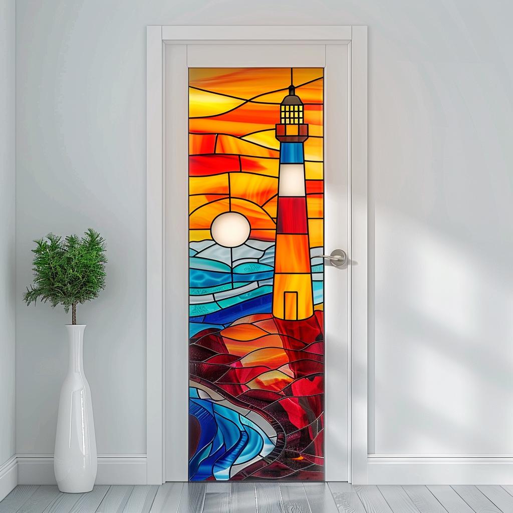 Custom Lighthouse Stained Glass Window Film – Ocean Sunset Privacy ...