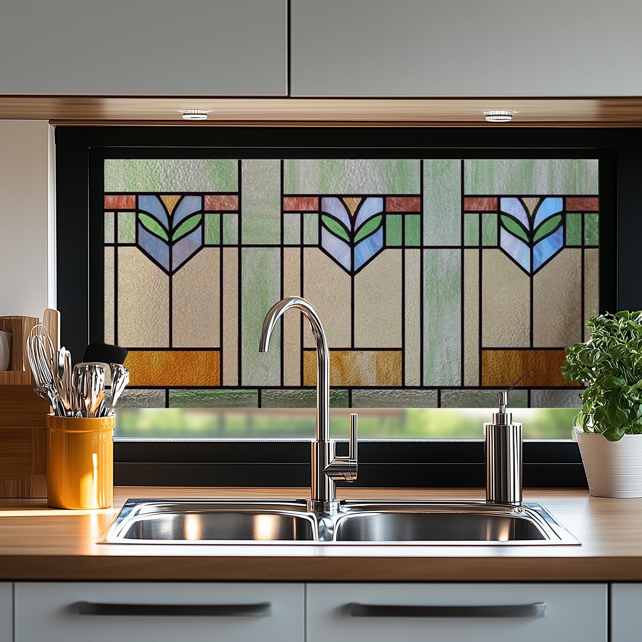 Horizontal Stained Glass Window Film – Green and Blue Geometric Privacy ...