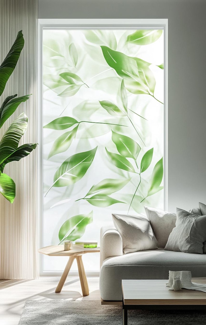 Modern Nature Leaf Design Window Cling Privacy Film Frosted Finish for ...
