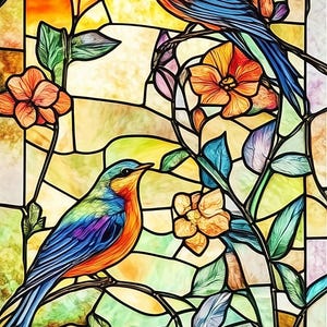 Colorful Flower & Bird Window Film - Custom Size, Non-adhesive, Static ...