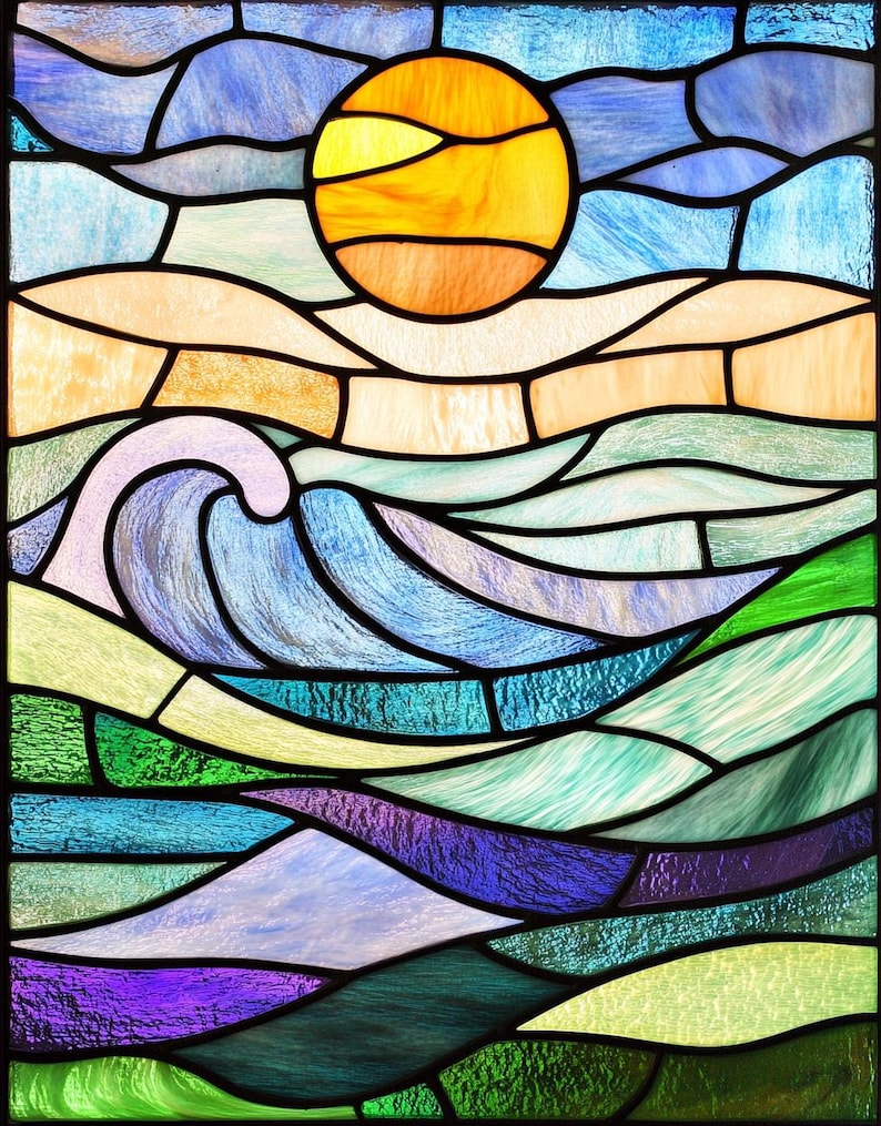 Custom Sun and Wave Stained Glass Window Film Ocean Theme Privacy ...