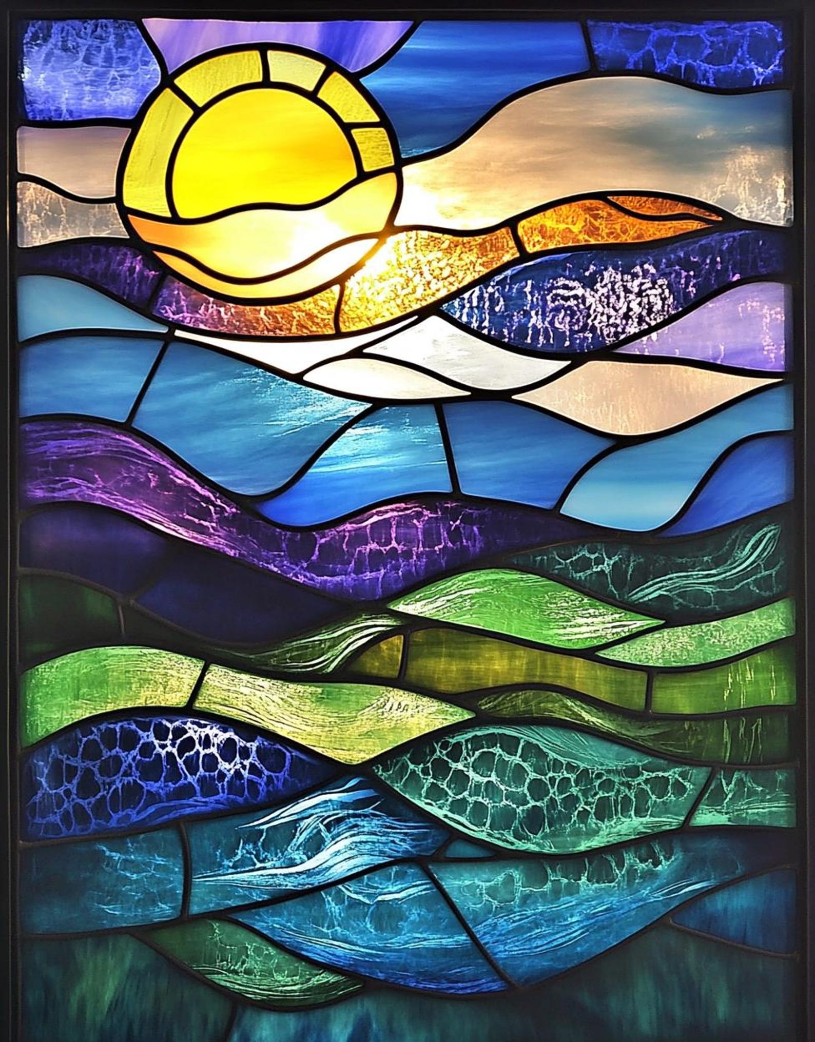 Custom Sun and Wave Stained Glass Window Film Ocean Theme Privacy ...