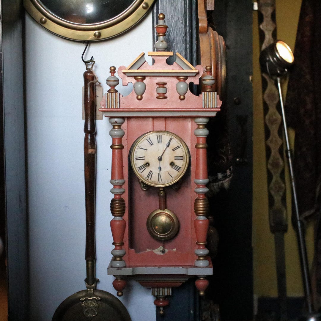Antique Wall Clock | Painted Red & Gold Vienna Style Timepiece With ...