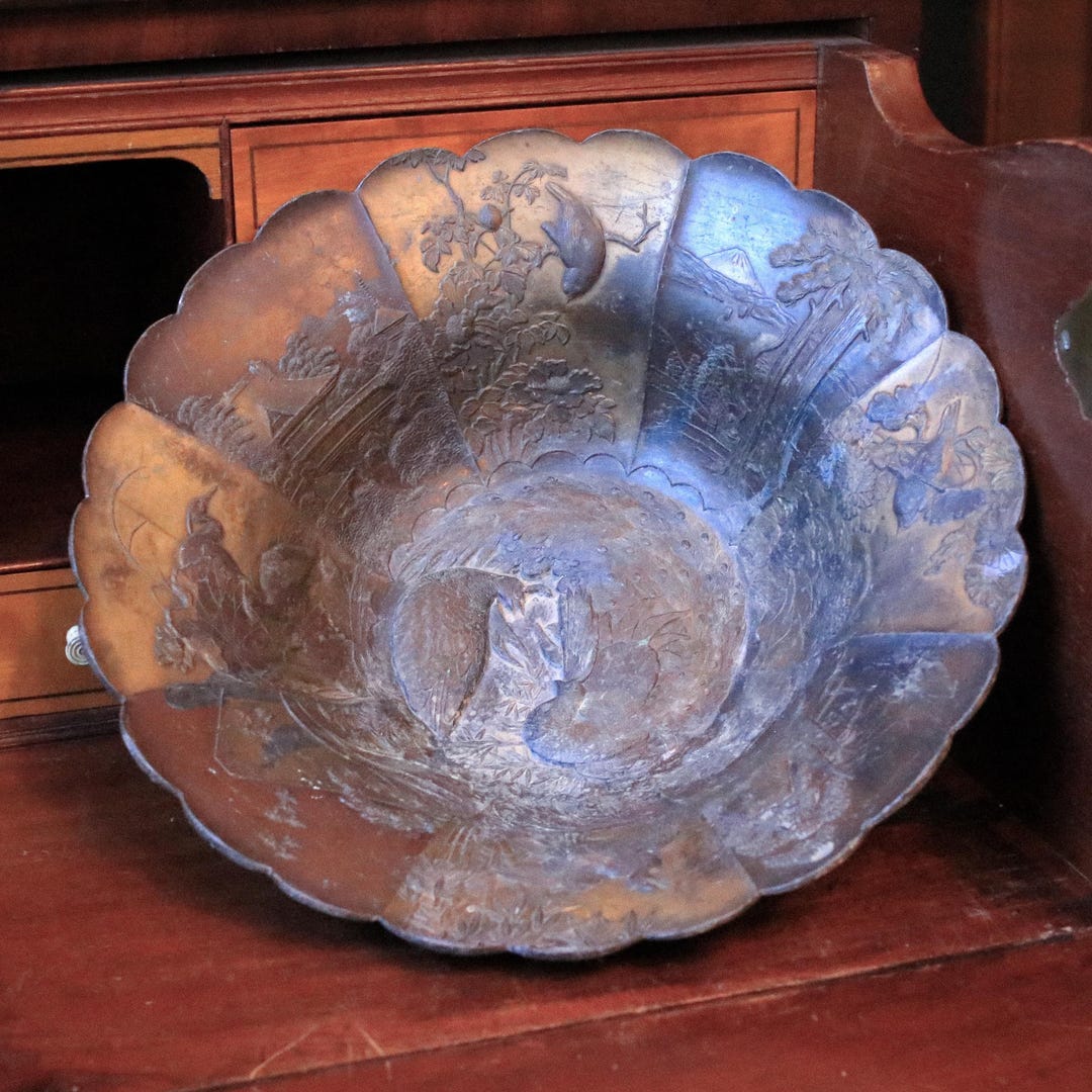 Antique Japanese Bronze Repousse Bowl With Scalloped Rim, Peacocks ...