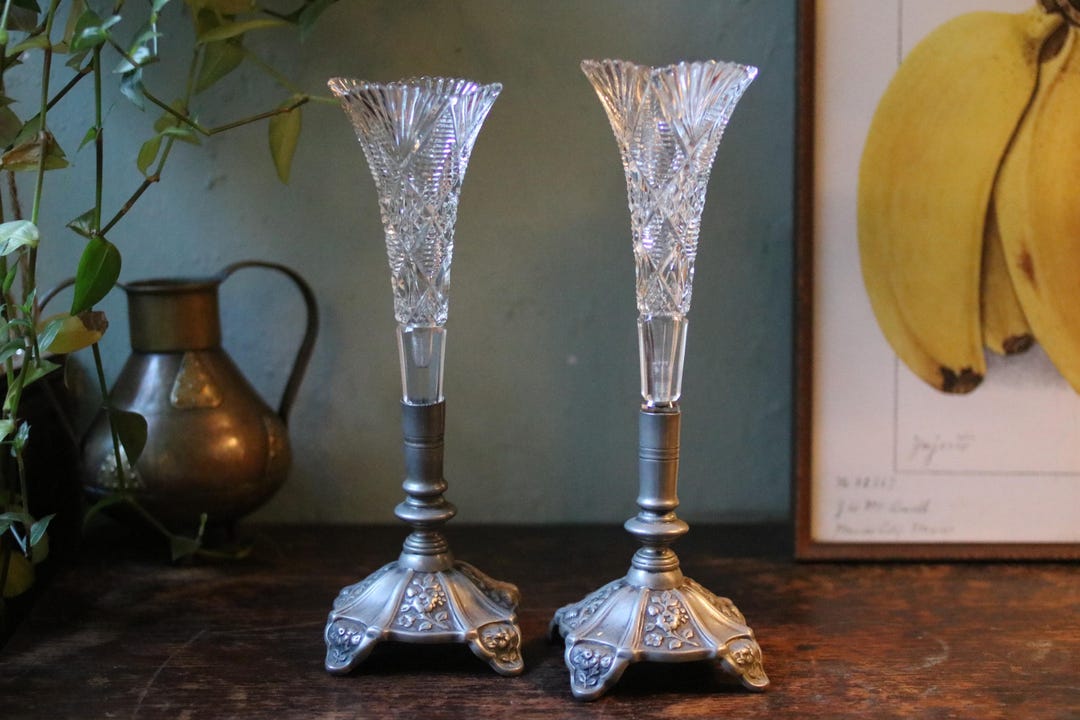 Pair of Antique Cut Glass Flower Vases - Etsy