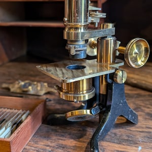 Antique 19th.c Brass Laboratory Microscope With Slides and Attachment's ...