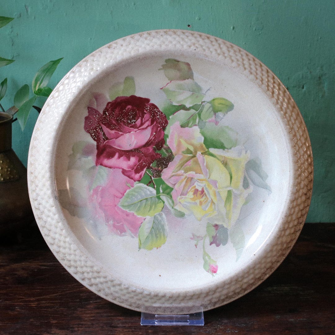 Antique Floral Charger Plate – Hand Painted Roses With Basketweave Rim ...
